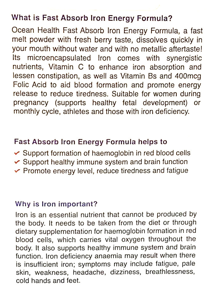 "OCEAN HEALTH" FAST ABSORB IRON ENERGY FORMULA 28 SACHETS